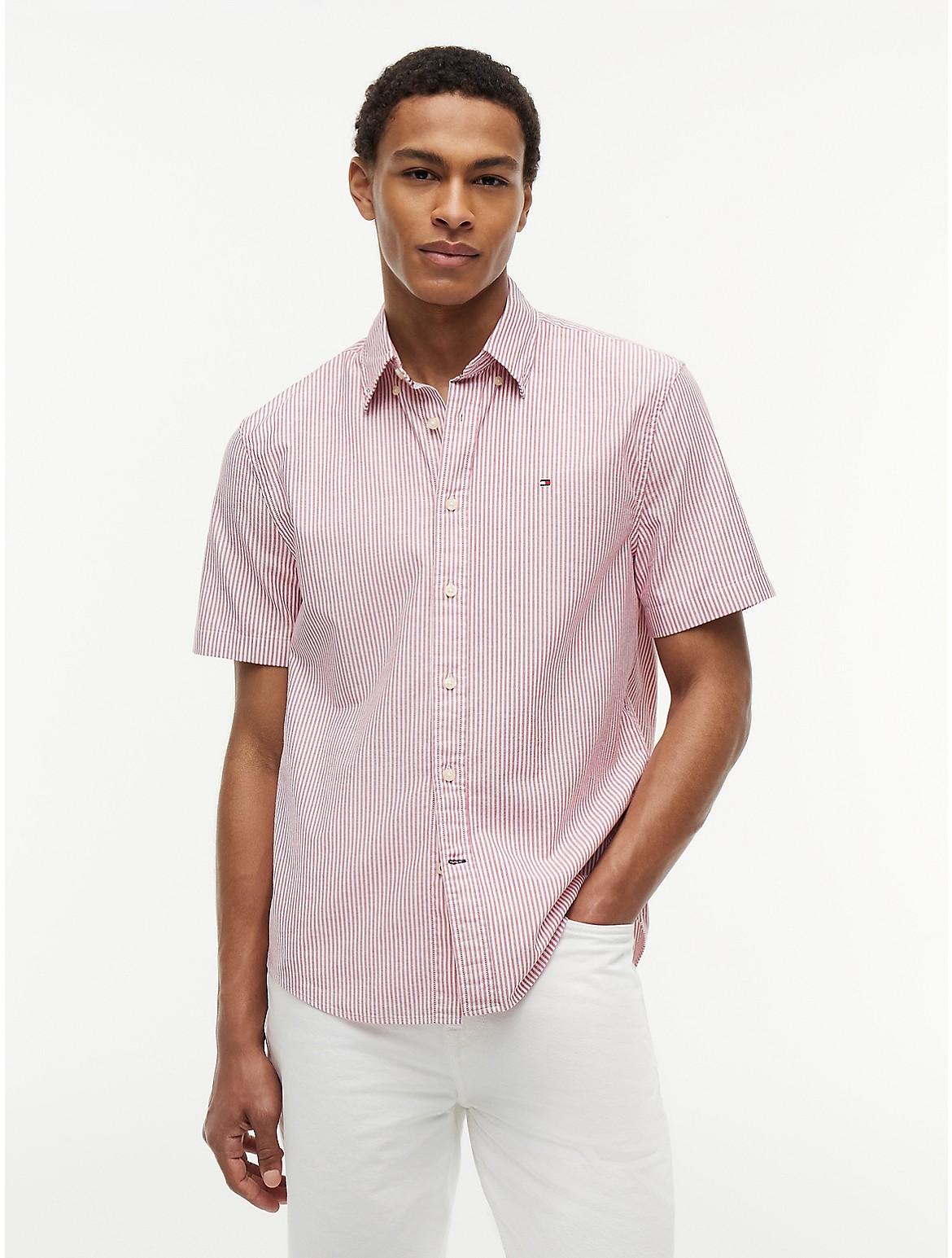 TOMMY HILFIGER men's short-sleeve striped oxford shirt -